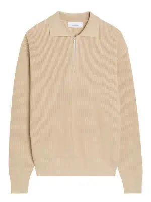 LARDINI Ribbed Knit Cotton Zip-neck Polo Shirt - Beige