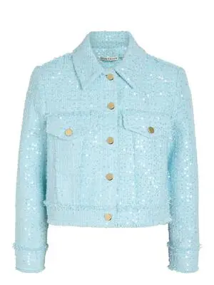 Alice + Olivia Chloe Embellished Cropped Tweed Jacket - Light Blue