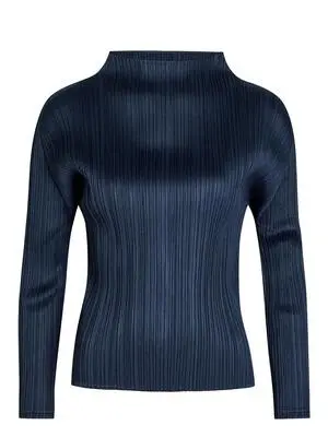 ISSEY MIYAKE PLEATS PLEASE Pleated Mock-neck Woven Top - Navy