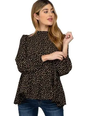 PINKBLUSH Animal Print Mock Neck Tiered Top - Black