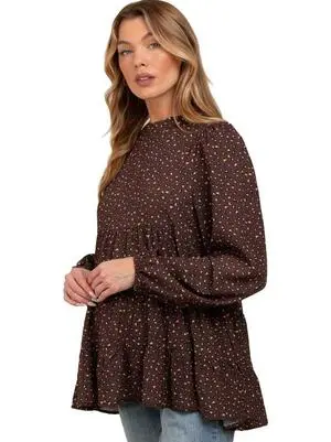 PINKBLUSH Animal Print Mock Neck Tiered Top - Mocha