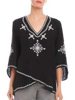 Karen Kane Embroidered Asymmetric Hem Linen Blend Top - Black