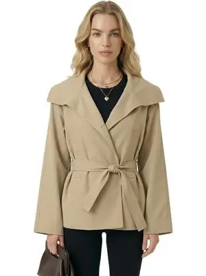 MODENAIRE Belted Wrap Jacket With Wide Lapels - Tan