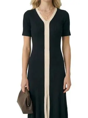 MODENAIRE Ribbed Knit Contrast Placket Midi Dress - Black