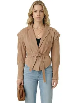 MODENAIRE Belted Pleated Shoulder Jacket - Tan