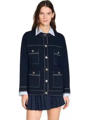 Sandro Contrast Stitch Oversized Cardigan - Navy Blue