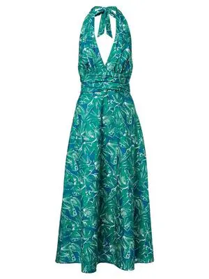 Max Mara Printed Halterneck Cotton Midi Dress - Green