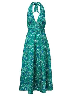 Max Mara Printed Halterneck Cotton Midi Dress - Green