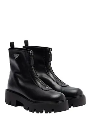 Prada Leather Platform Ankle Boots - Black