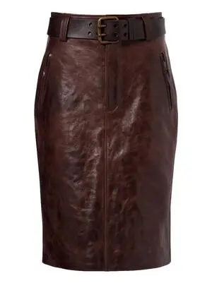 Saint Laurent Belted Leather Pencil Skirt - Brown