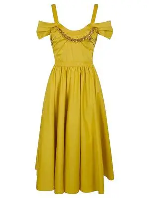 Elisabetta Franchi Midi Dress With Beaded Neckline - Yellow