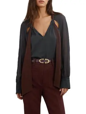 REISS Jasmine Tie Cutout Top - Navy/burgundy