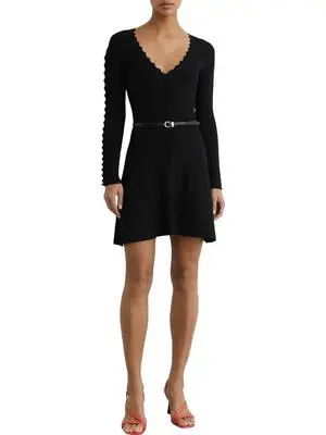 REISS Orla Long Sleeve Ribbed Mini Dress - Black