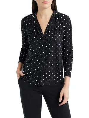 Anne Klein Print Pleat Three-quarter Sleeve Top - Anne Black/white Dove