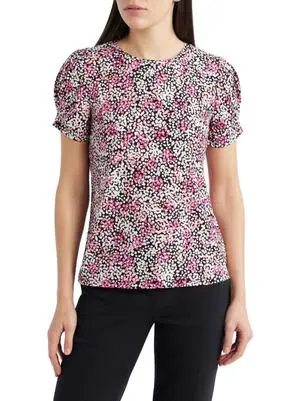 Anne Klein Printed Pleat Short Sleeve Top - Pink Berry Multi