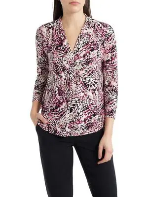 Anne Klein Printed Pleat Three-quarter Sleeve Top - Pink Berry Multi