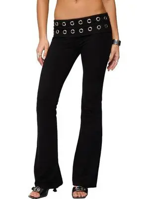 EDIKTED Grommet Foldover Low Rise Flare Pants - Black