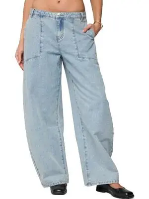 EDIKTED Jolie Low Rise Barrel Leg Jeans - Light-blue