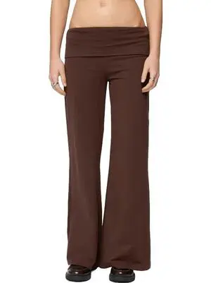 EDIKTED Wide-Leg Cotton Pants With Fold-Over Waistband Brown