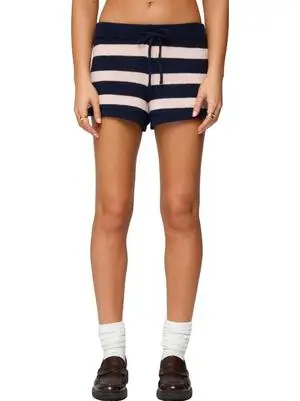 EDIKTED Amaris Stripe Drawstring Cotton Shorts - Navy-and-pink