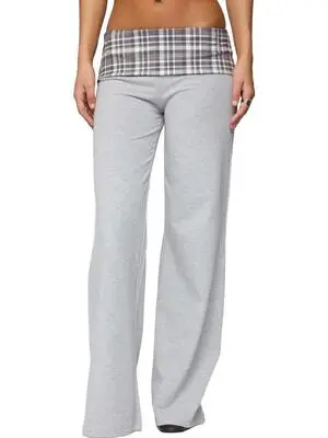EDIKTED Plaid Fold-over Wide-leg Pants - Gray