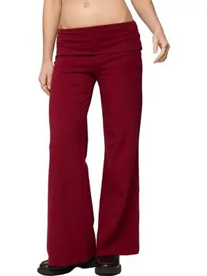EDIKTED Wide Leg Foldover Cotton Pants - Burgundy