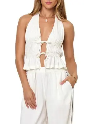 L*Space Tie Front Linen Blend Halter Top - Cream