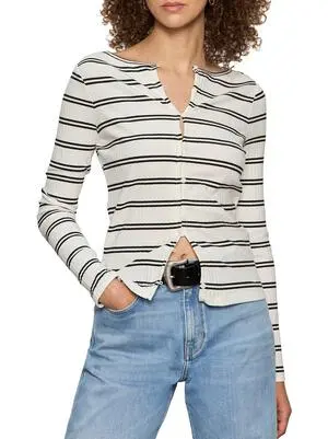 Sanctuary Striped Ribbed Button-front Top - Chalk White/black Stripe