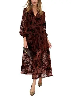LILY AND LIONEL Brezze High Neck Velvet Burnout Maxi Dress - Brown