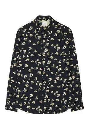 Paul Smith Navy 'shadow Floral' Print Viscose-linen Shirt - Blue