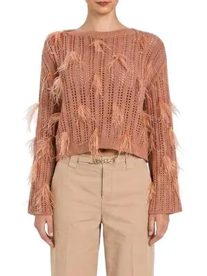 TWINSET Perforated Knit Pullover With Feather Embellishments - Coffee