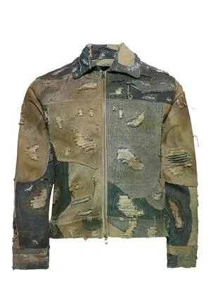 WHO DECIDES WAR BY EV BRAVADO Patchwork Distressed Trucker Denim Jacket - Brown