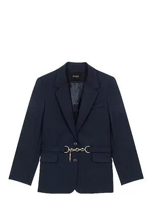 Maje Pinstripe Wool-blend Suit Jacket With Chain Detail - Navy