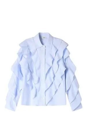Sandro Ruffled Long-sleeved Cotton Shirt - Sky Blue