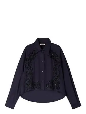 Sandro Floral-embroidered Cotton Shirt - Navy Blue