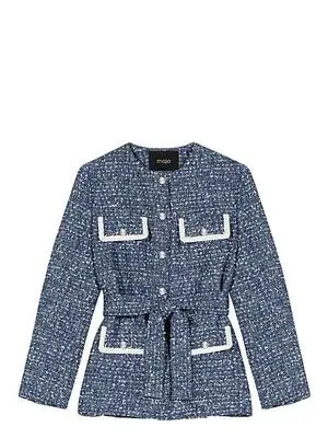 Maje Belted Tweed Jacket - Blue