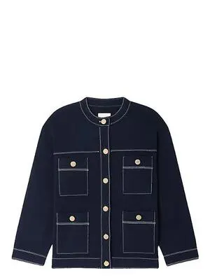 Sandro Four-pocket Contrast-stitch Knitted Cardigan - Navy Blue