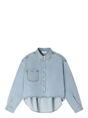 Sandro Rhinestone-trimmed Cropped Denim Shirt - Light Bu Jean