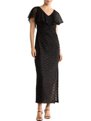 CONNECTED APPAREL Beaded Ruffle Neck Gown Black