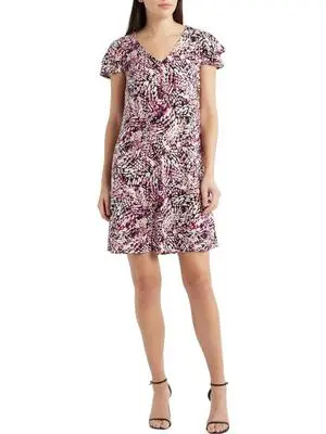 Anne Klein Floral Print Flutter Sleeve A-line Dress - Pink Berry Multi