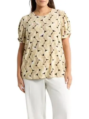 Anne Klein Printed Pleat Short Sleeve Top - Latte Multi