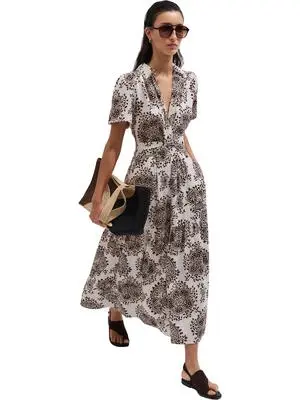 ME+EM Printed Maxi Dress With Belt - Soft White/brown