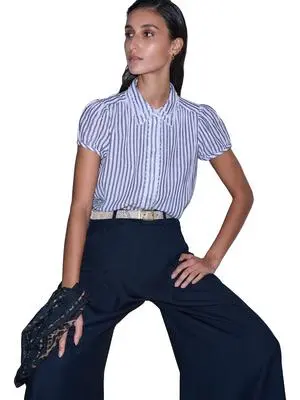 ME+EM Cheesecloth Stripe Cap-sleeve Blouse - Navy/white