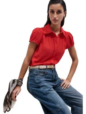 ME+EM Cheesecloth Cap-sleeve Blouse - Poppy Red