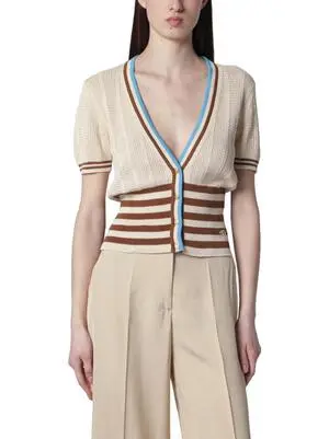 Valentino Garavani Openwork Striped Cotton Cardigan - Beige