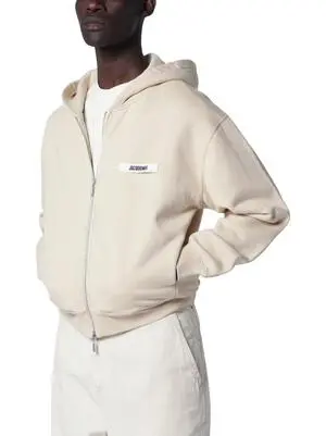 Jacquemus Zip-up Fleece Hoodie With Logo - Beige