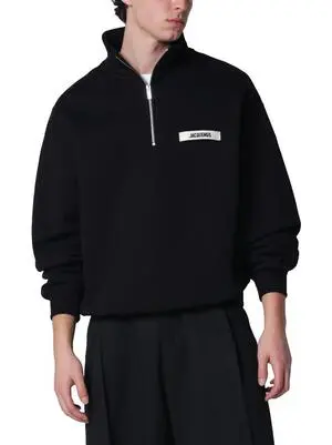 Jacquemus Zip-neck Sweatshirt With Gros Grain Logo - Black
