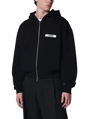 Jacquemus Zip-up Sweatshirt With Grosgrain Logo - Black