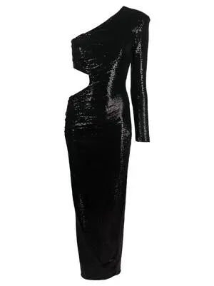NISSA Metallic-finish One-shoulder Long Dress - Black