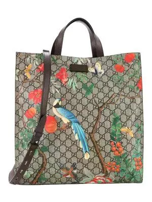 Gucci Convertible Soft Open Tote Tian Print Gg Coated Canvas Tall Satchel - Brown